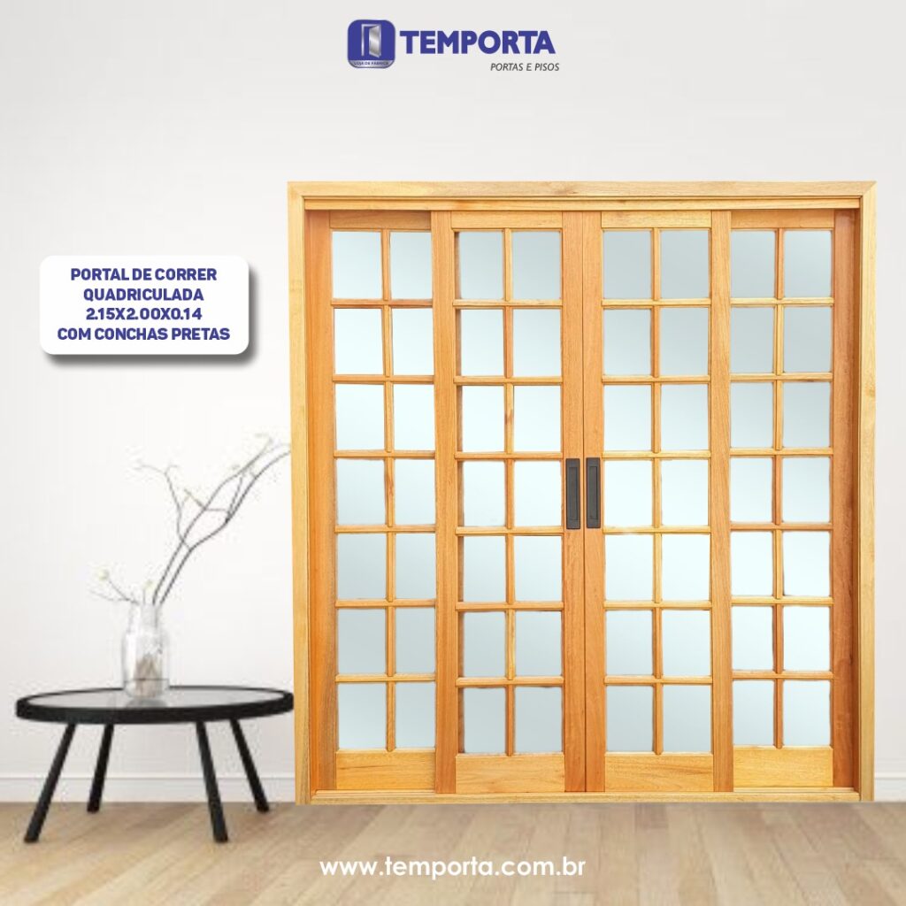 Portal de correr 4 folhas quadriculado em madeira - Temporta